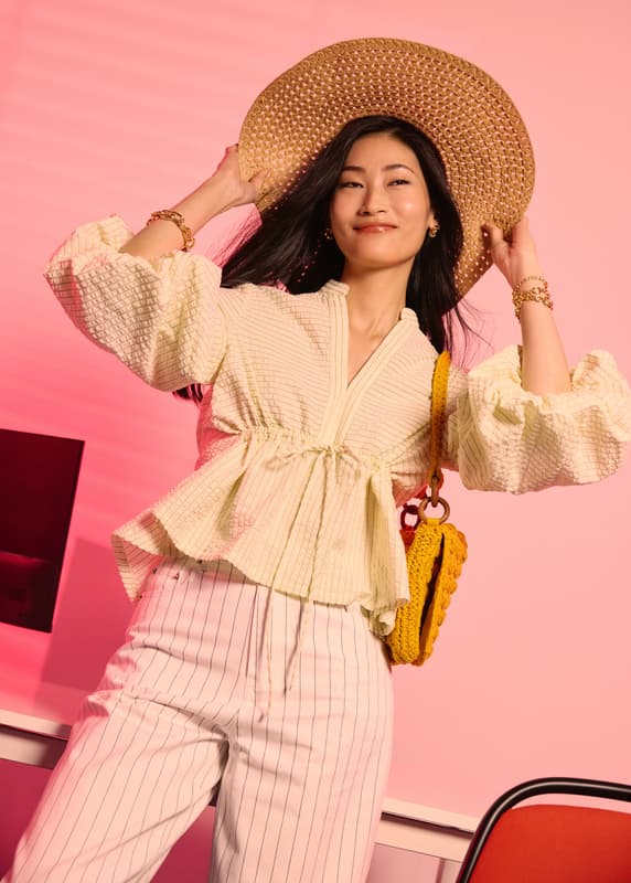 Pinstripe Seersucker Notched Puff Sleeve Peplum Blouse | Love, Bonito SG