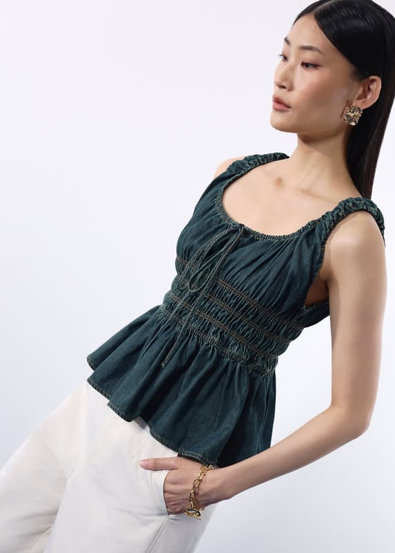 Ruched Vintage Wash Denim Tunic Top | Love, Bonito SG
