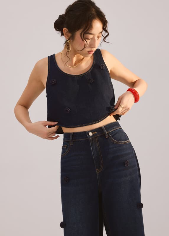 Denim Rosette Boxy Crop Top | Love, Bonito SG