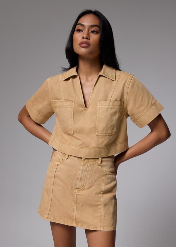 Denim Boxy V-neck Crop Top | Love, Bonito ID