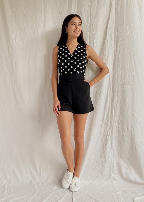 Alicia Polka Dot Belted Romper | Love, Bonito US